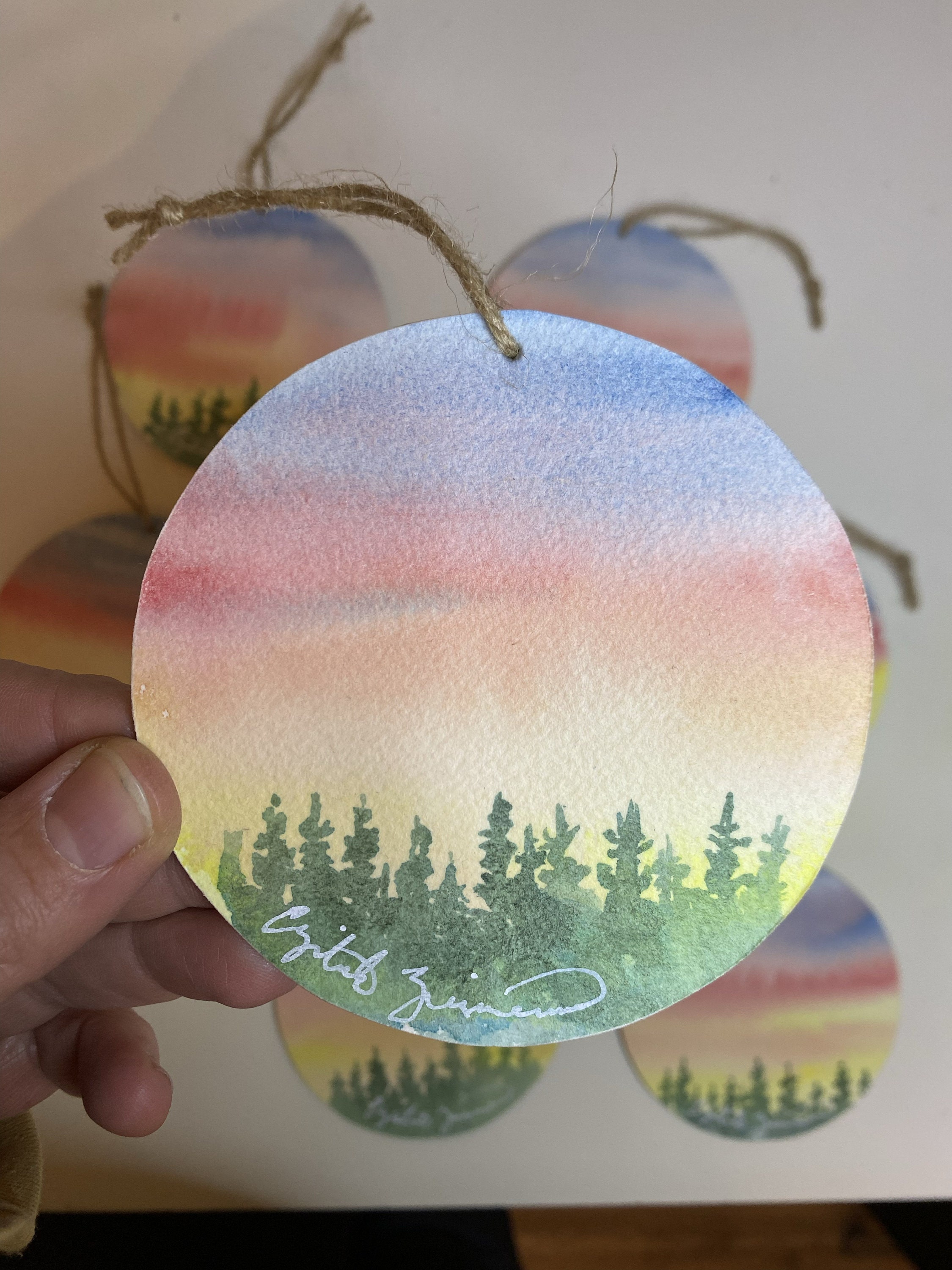 Colorful Sunset Hand Painted Watercolor Christmas Ornament With Wood ...