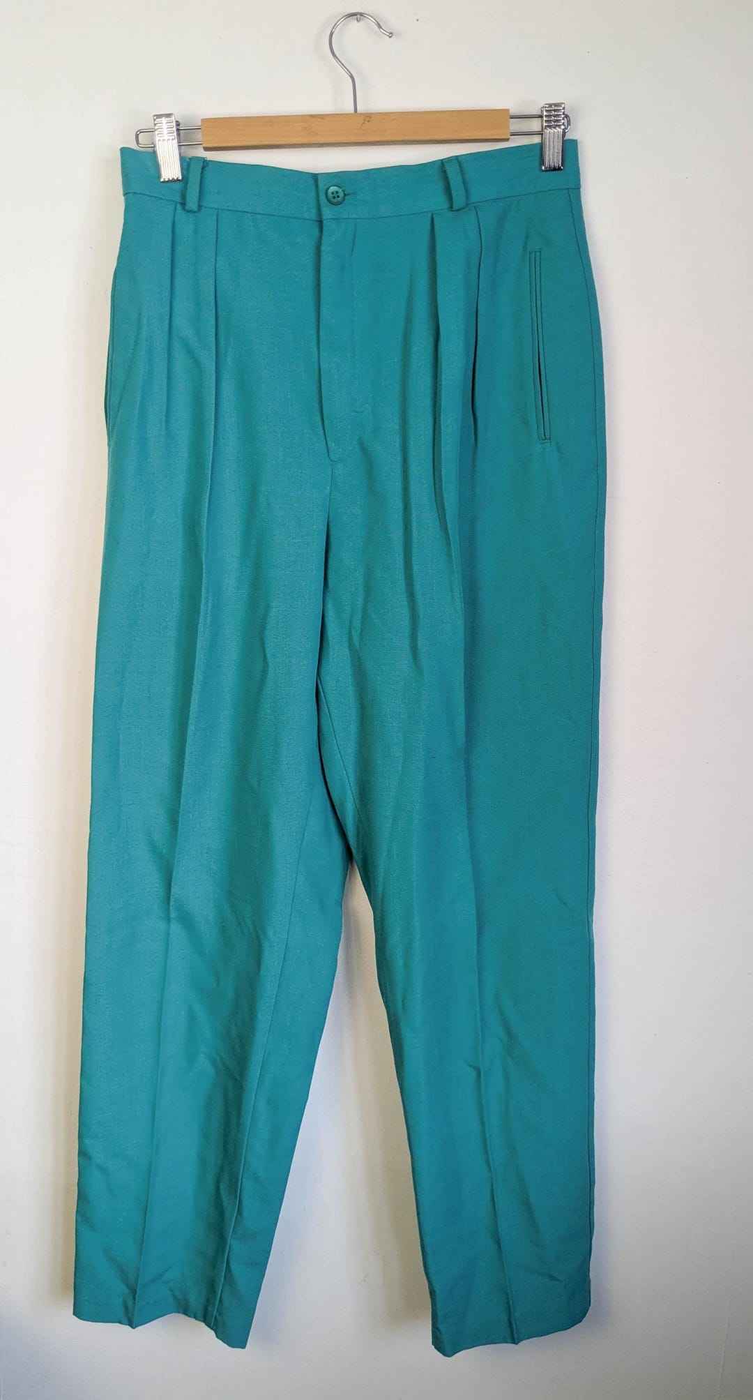 80s Vintage Teal Linen Slacks / Green High Rise Pleated Pants M L Lord ...