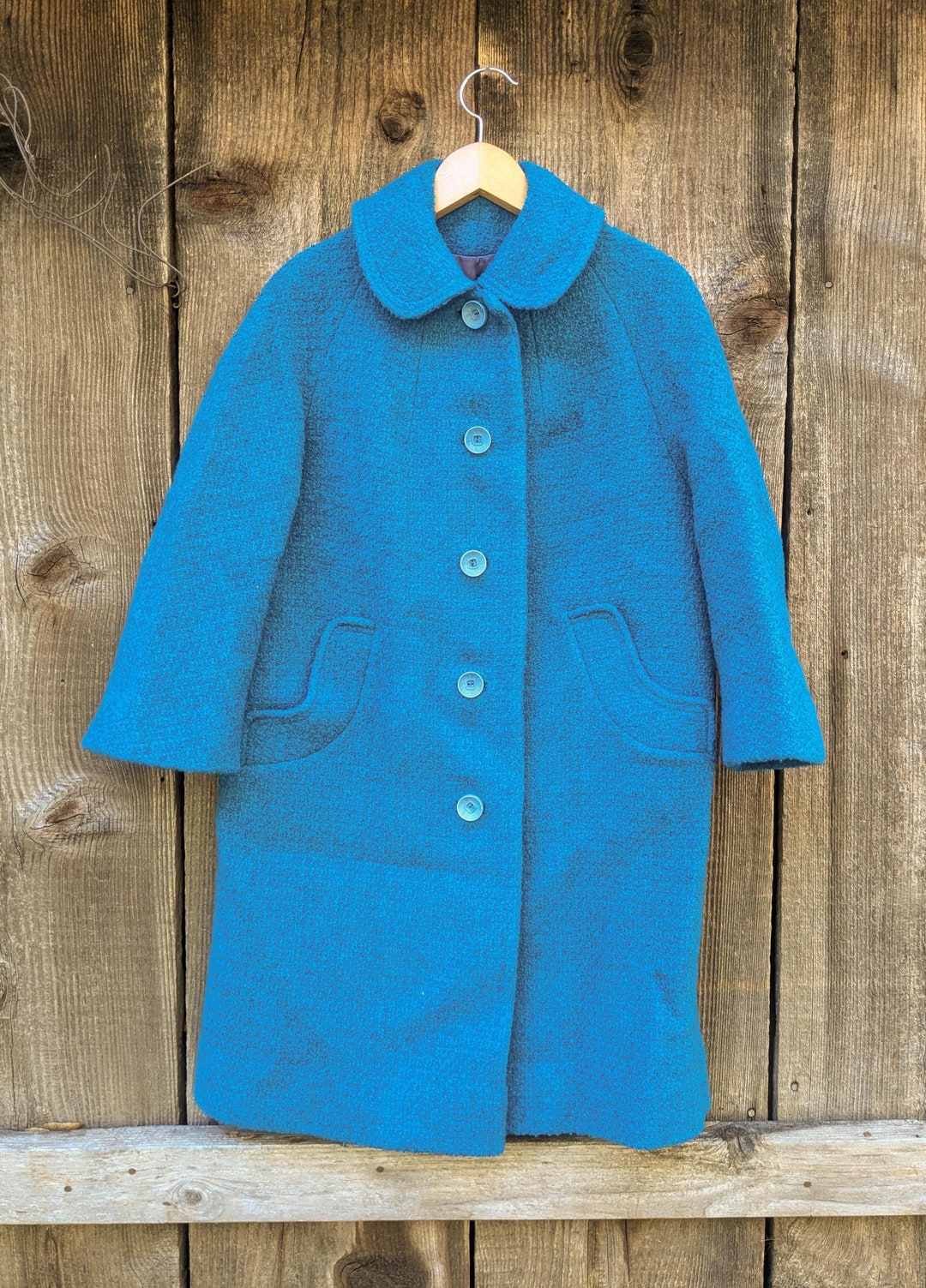 60s Vintage Teal Blue Knit Peacoat Overcoat Long Button Jacket ...