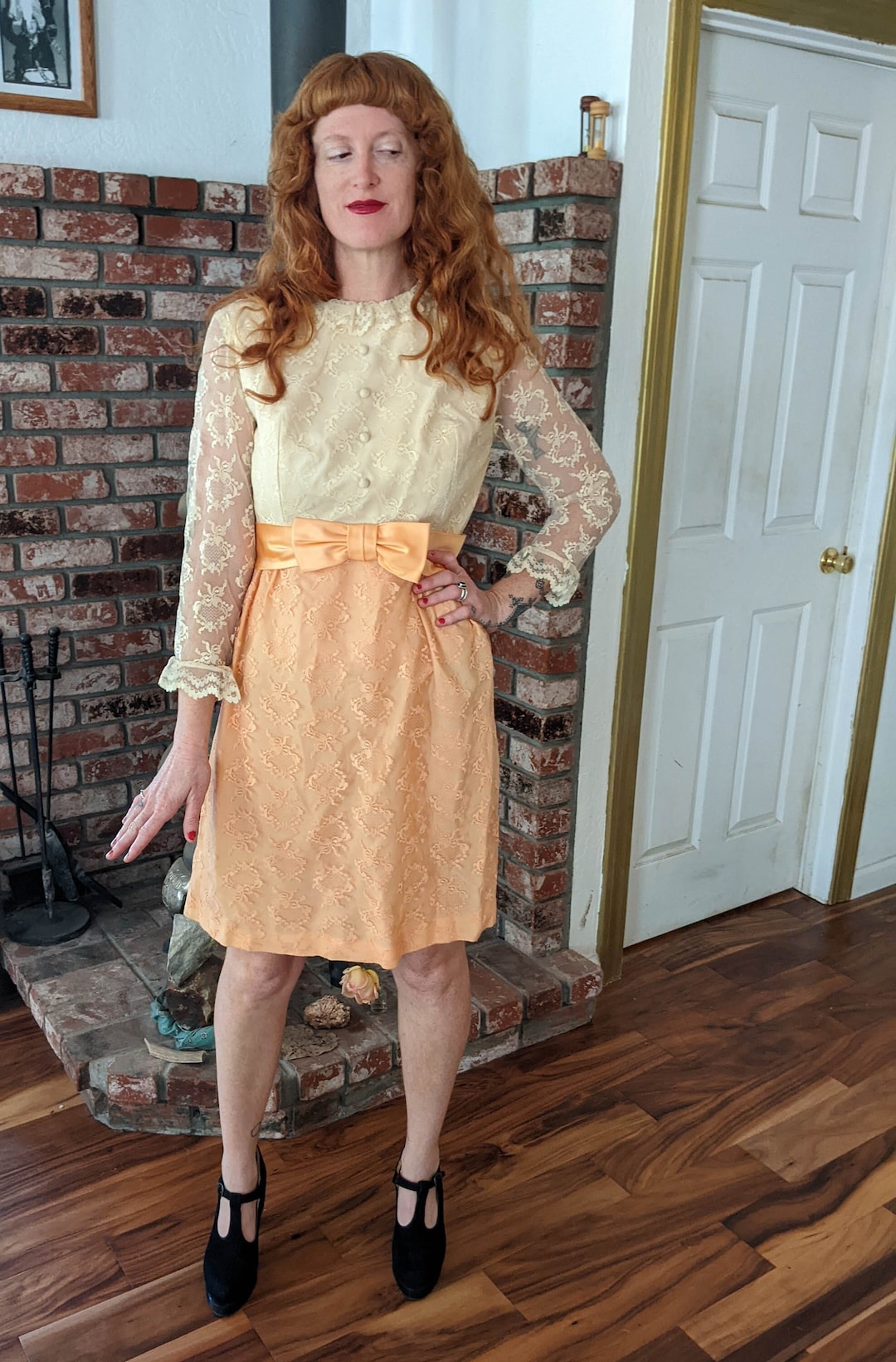60s Vintage Ice Cream Lace Dress / Peach Satin Bow Babydoll Eggshell ...