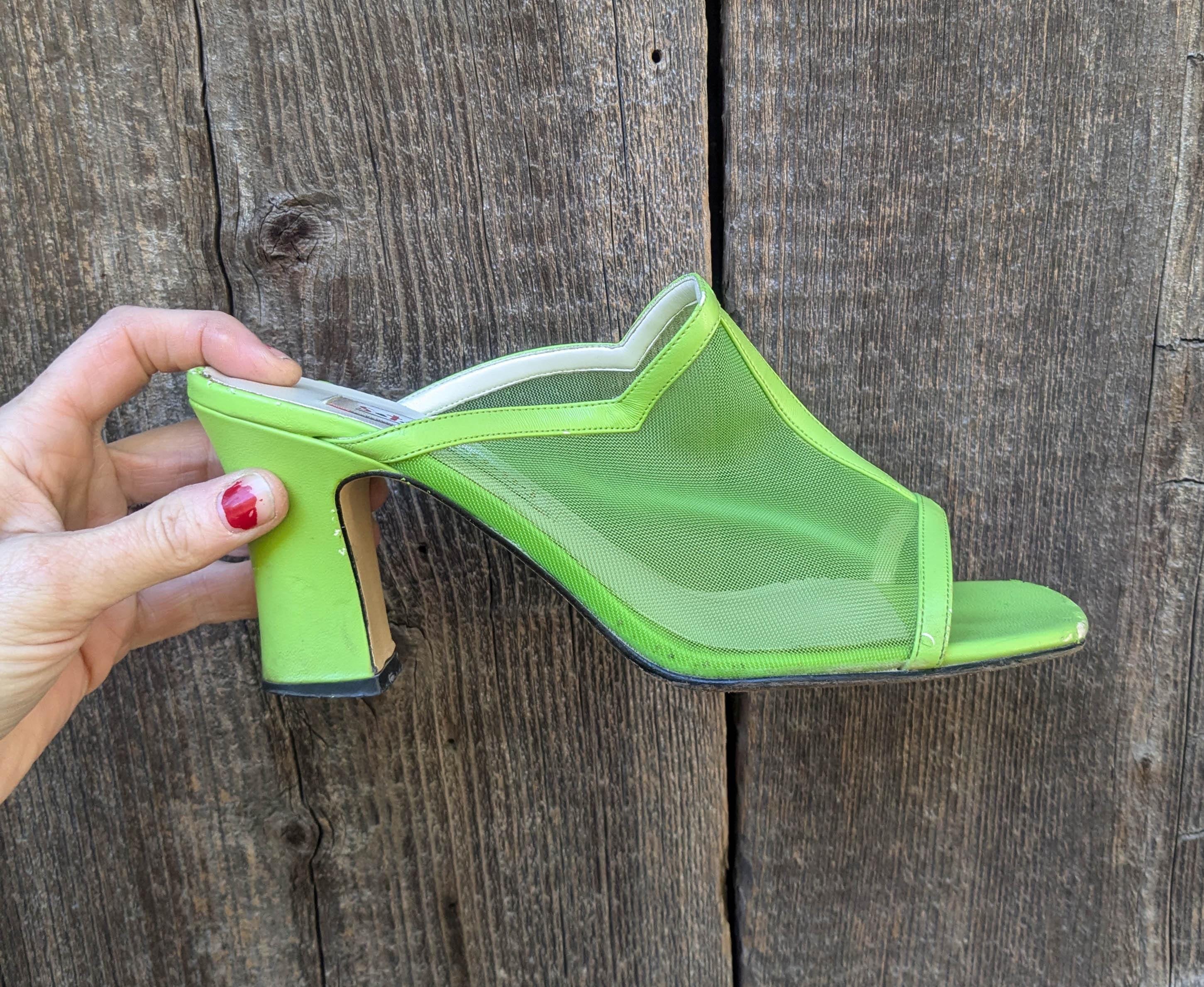 80s Vintage Neon Green Mesh Mules 8 M / Lime Green Leather Slip on ...