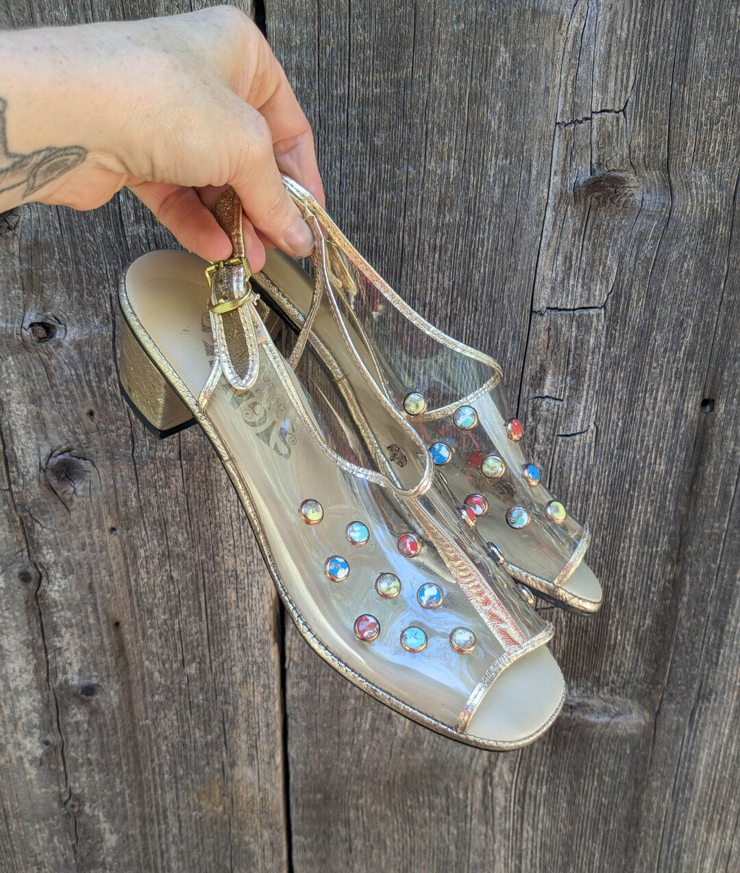 60s Vintage Clear Plastic Studded Mules / Retro Mod Bedazzled Shoes 8 8 ...