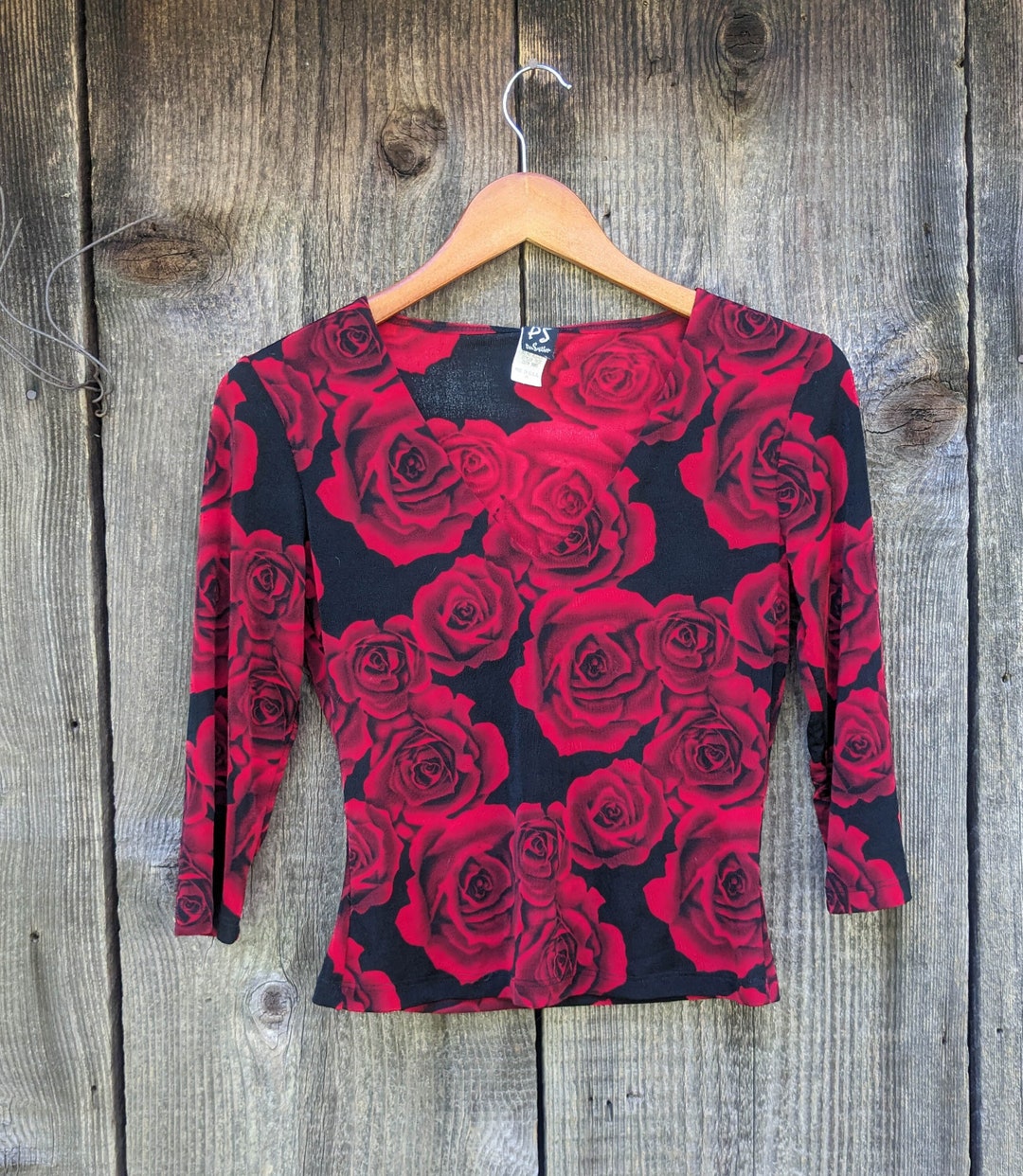 90s Vintage Y2K Rose Top / Black Red Roses Crop Top Stretchy V Neck ...