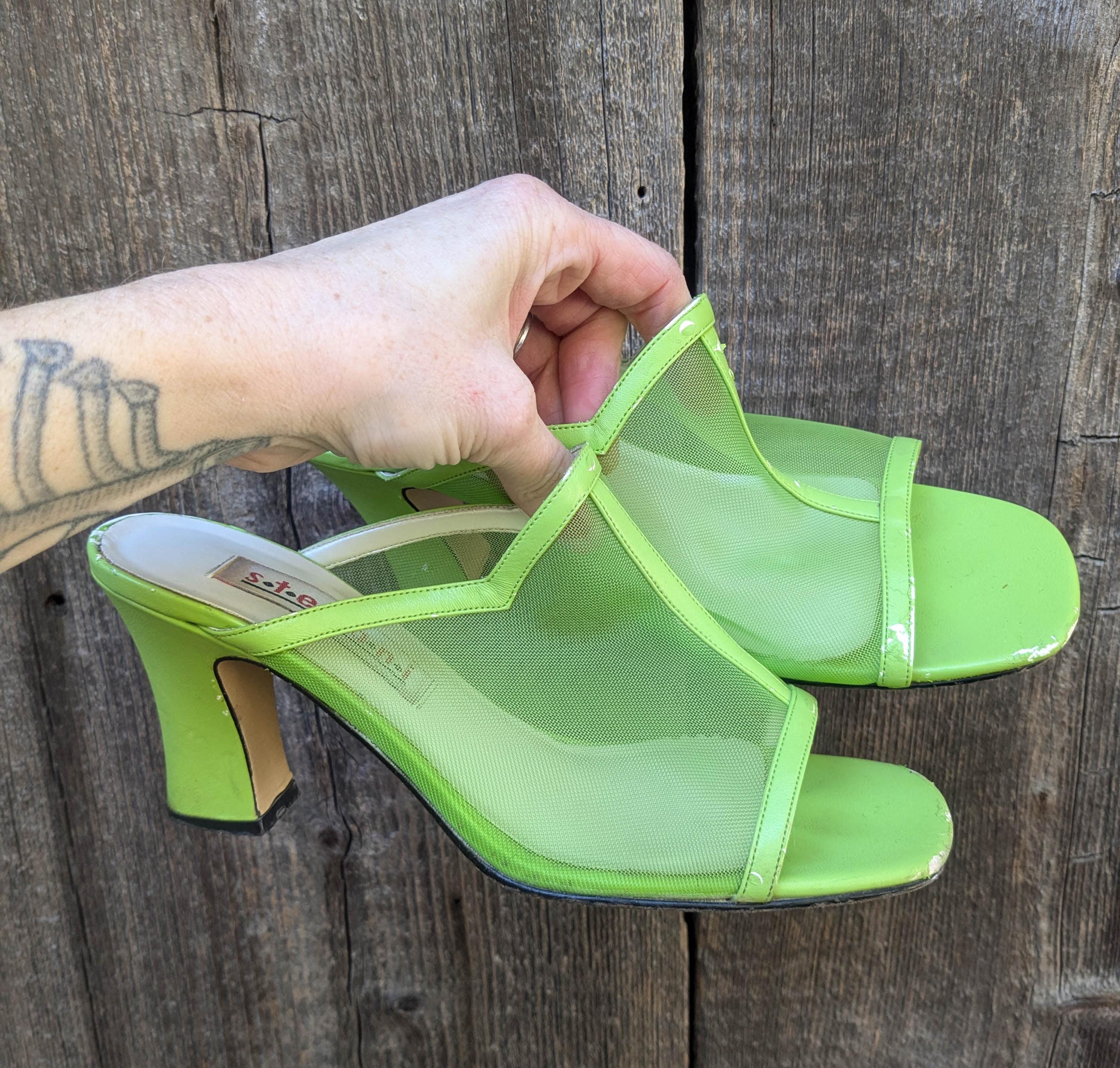 80s Vintage Neon Green Mesh Mules 8 M / Lime Green Leather Slip on ...