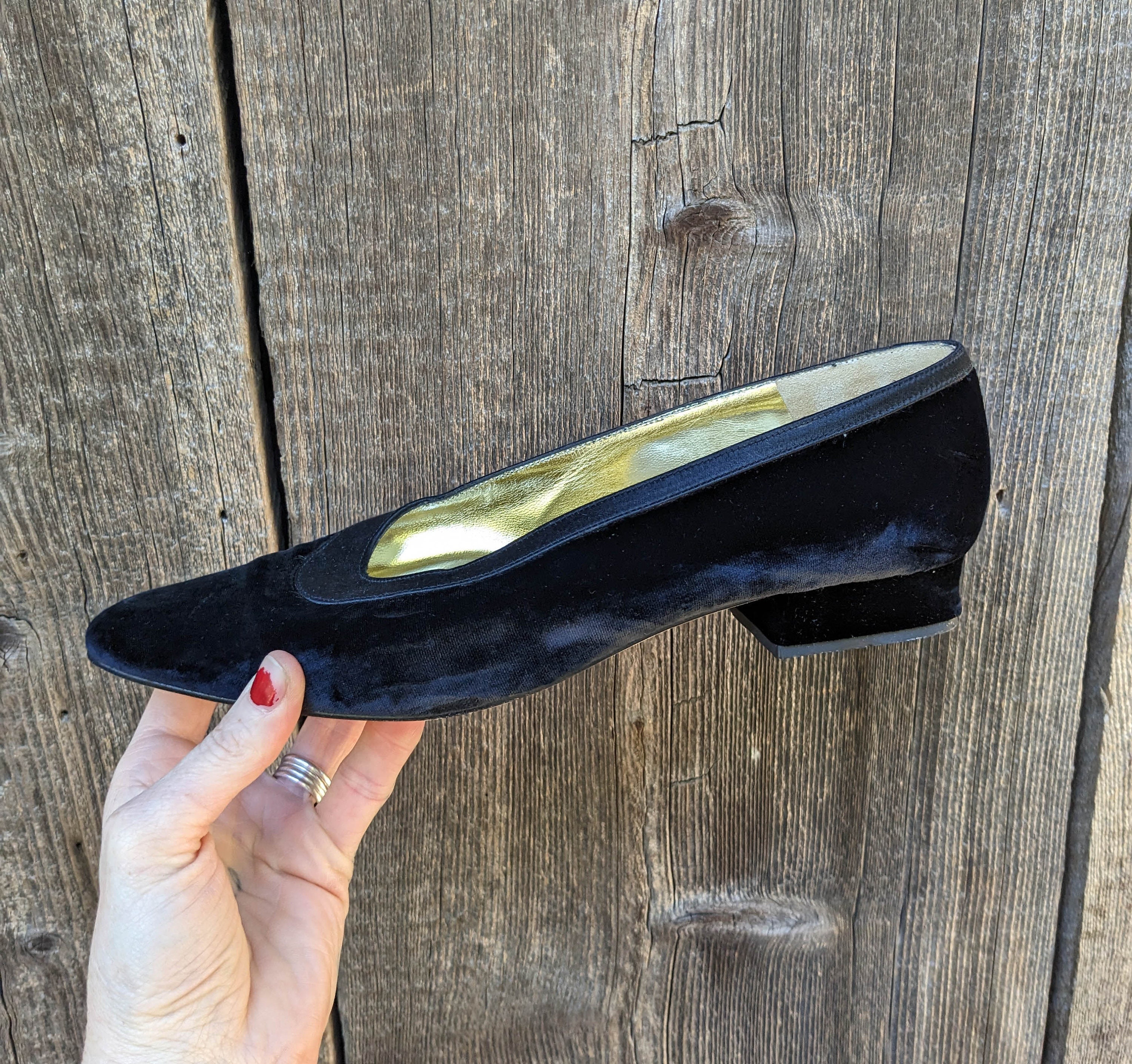 90s Vintage Black Velvet Escada Flats / Metallic Gold Leather Insole ...