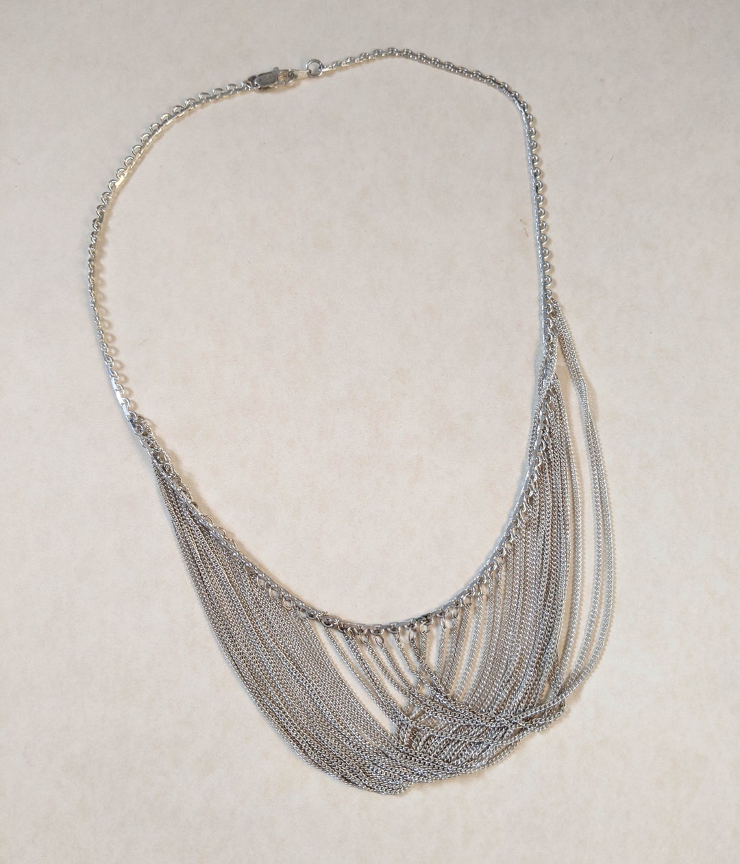 80s Vintage Silver Drape Chain Bib Necklace / Multistrand Scallop Cable ...