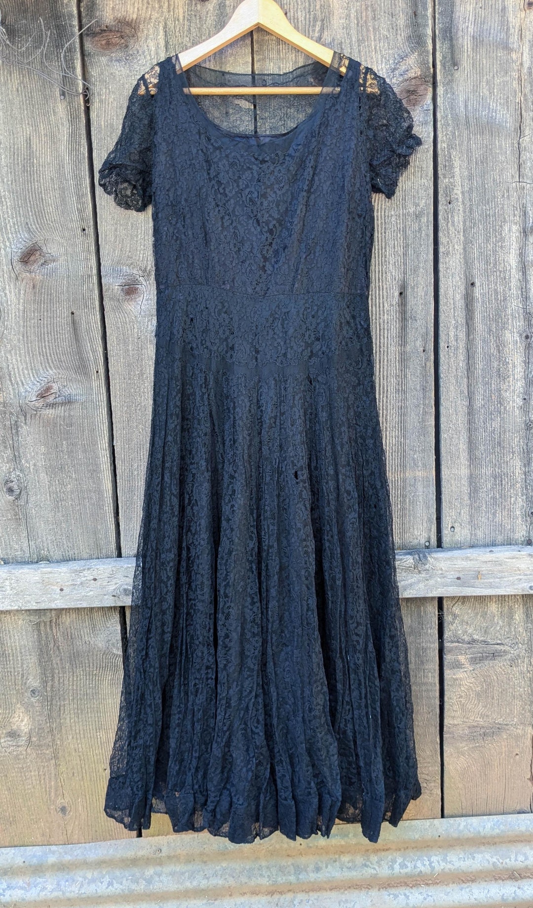 Antique Black Lace Formal Gown / 30s 40s Vintage Mesh Funeral Party ...