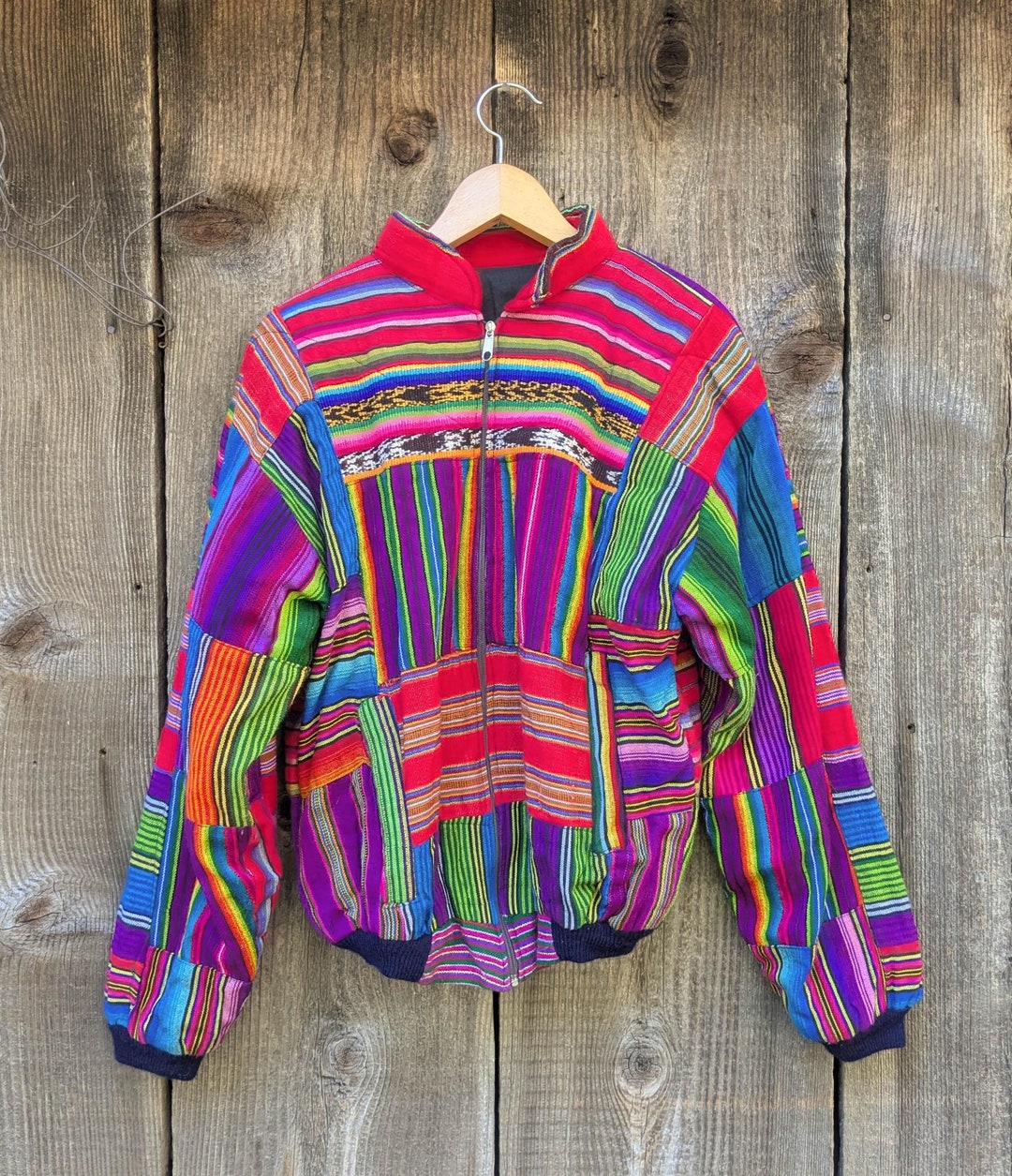70s Vintage Rainbow Textile Bomber Jacket / Zip up Puffy Patchwork Coat / Psychedelic Hippie ...