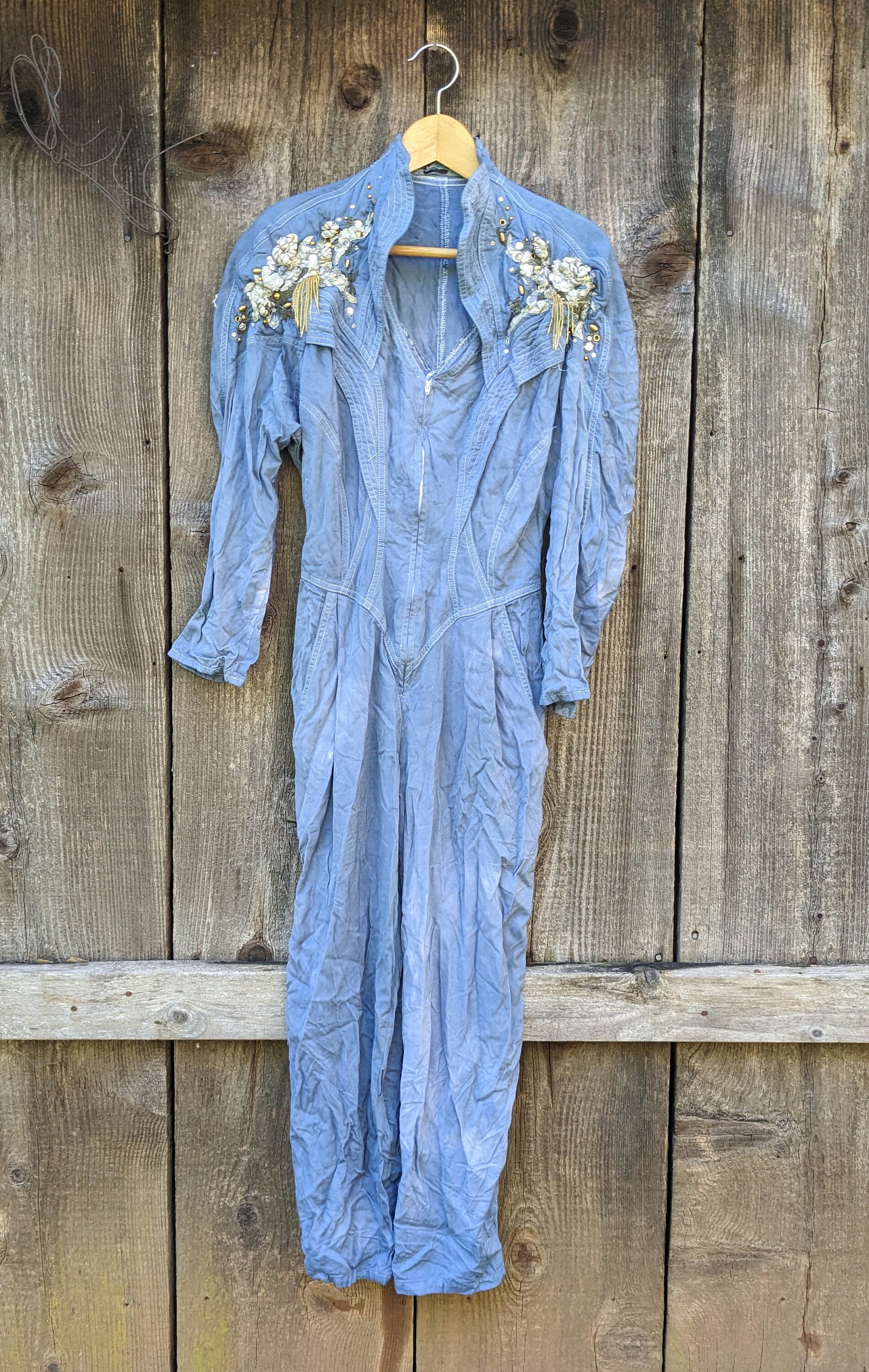 80s Vintage IFF Denim Jumpsuit Bedazzled Embellished Shoulders / Zip up ...