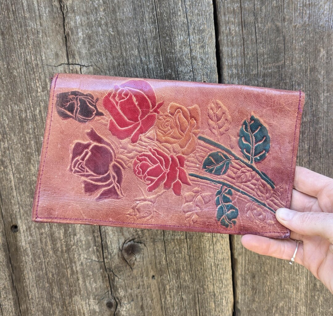 70s Vintage Tooled Leather Rose Wallet / Caramel Brown Embossed Leather ...