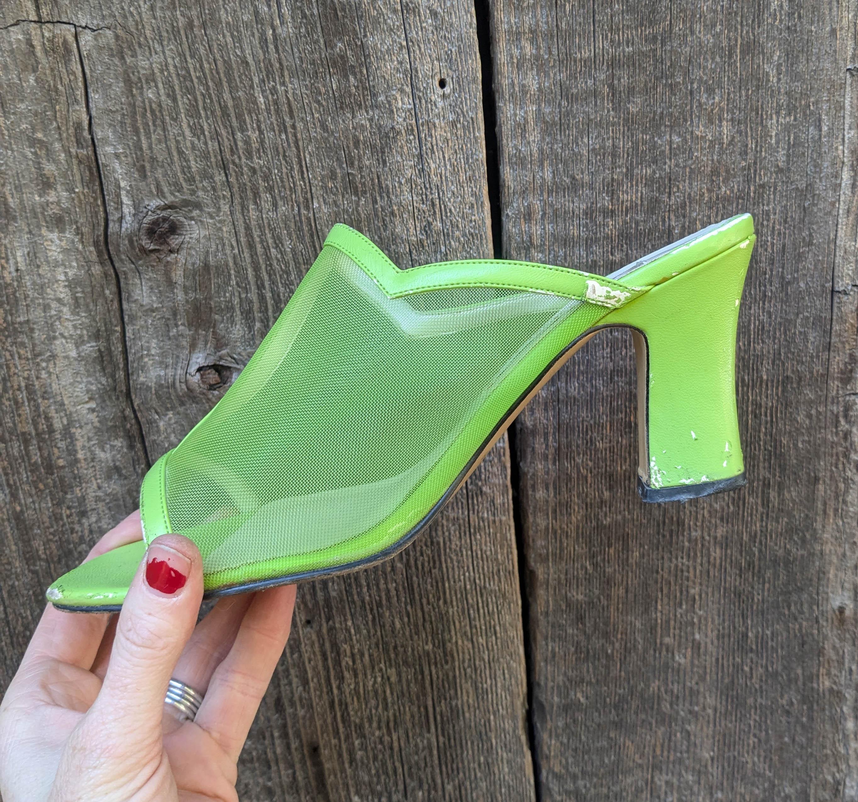 80s Vintage Neon Green Mesh Mules 8 M / Lime Green Leather Slip on ...