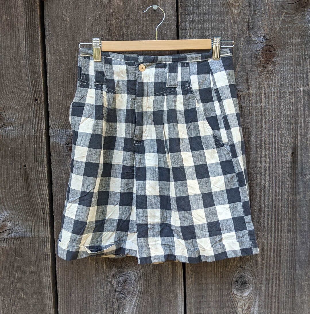 80s Vintage Checker Shorts / Black White Beige Cotton Linen / Bermuda ...