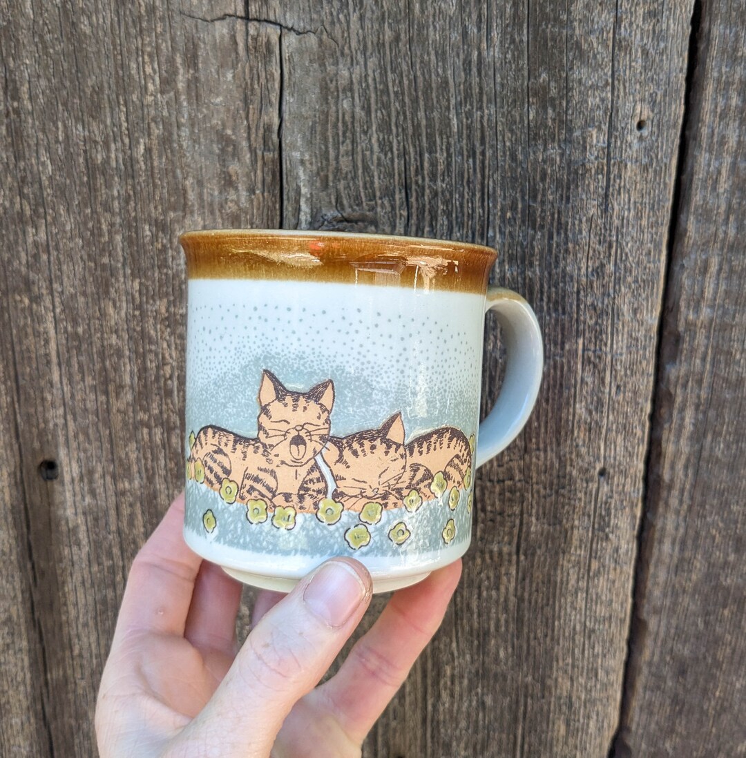70s Vintage Yawning Cat Mug / Cal Lover Gift Ceramic Cup Cute Pottery ...
