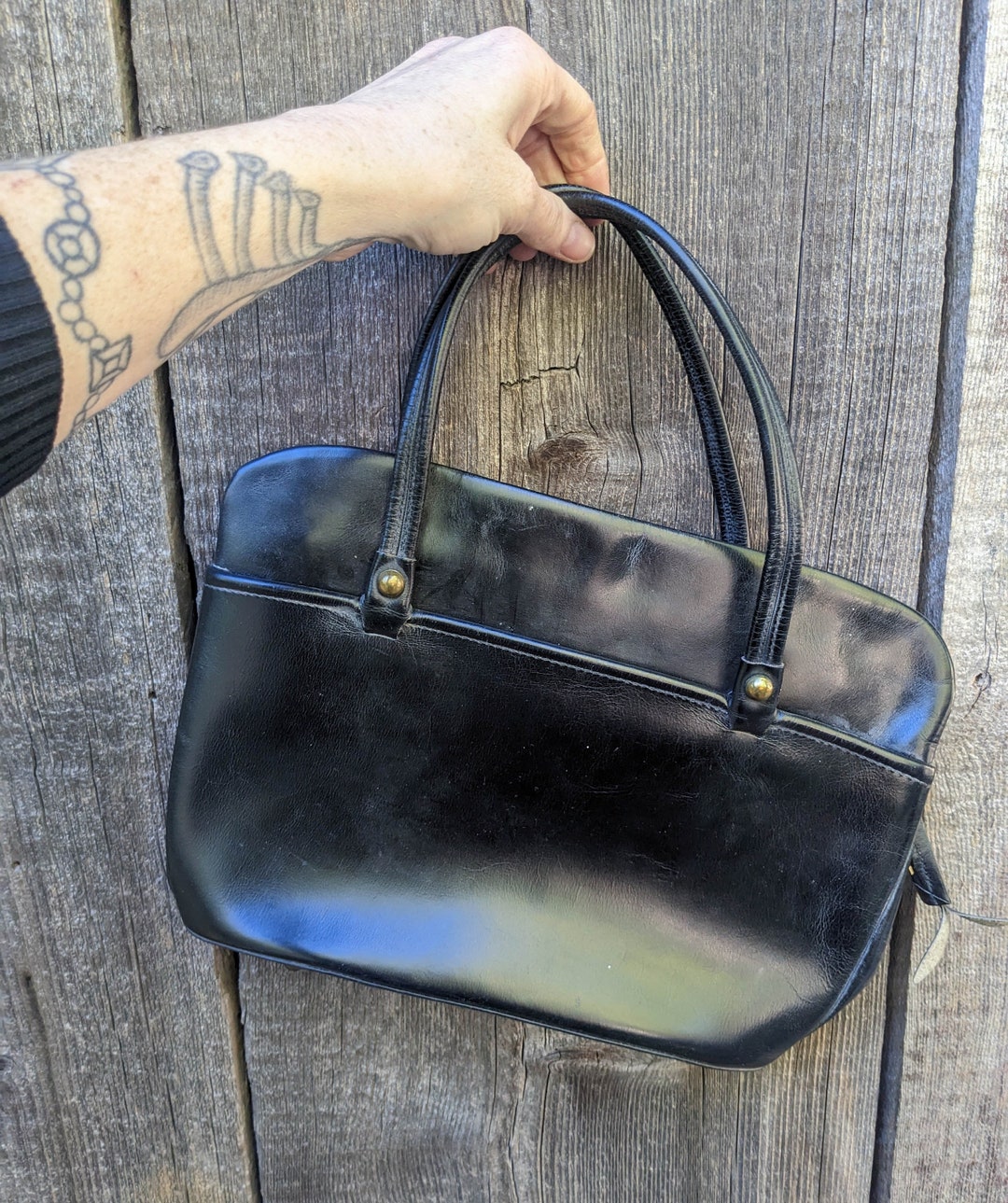 50s Vintage Black Leather Handbag Purse / Minimalist Classic Retro ...