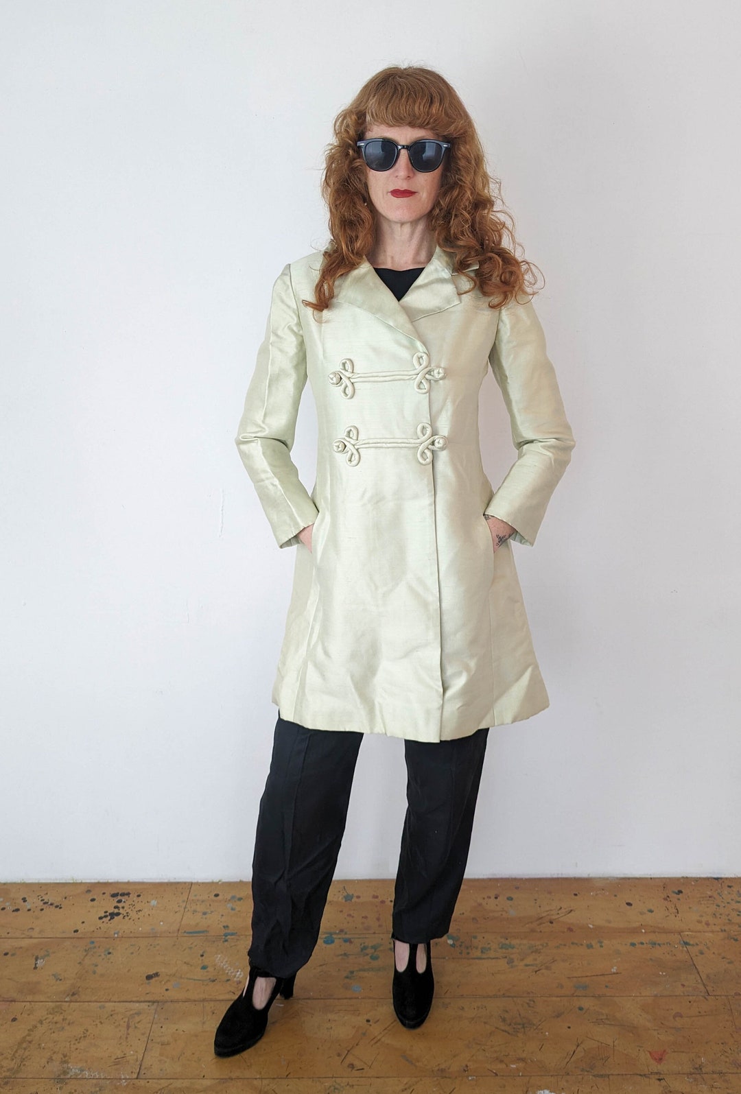 60s Vintage Silk Sgt Pepper Jacket / Raw Silk Mint Green Peacoat Frog ...
