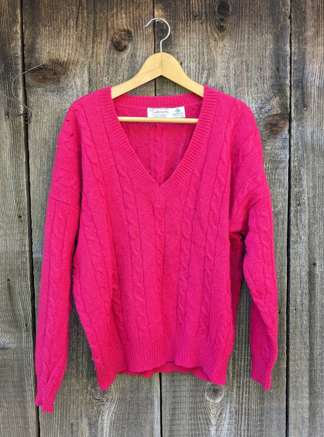 90s Vintage Y2K Hot Pink Cable Knit Sweater / Shetland Wool V Neck Pullover Baggy Oversize ...