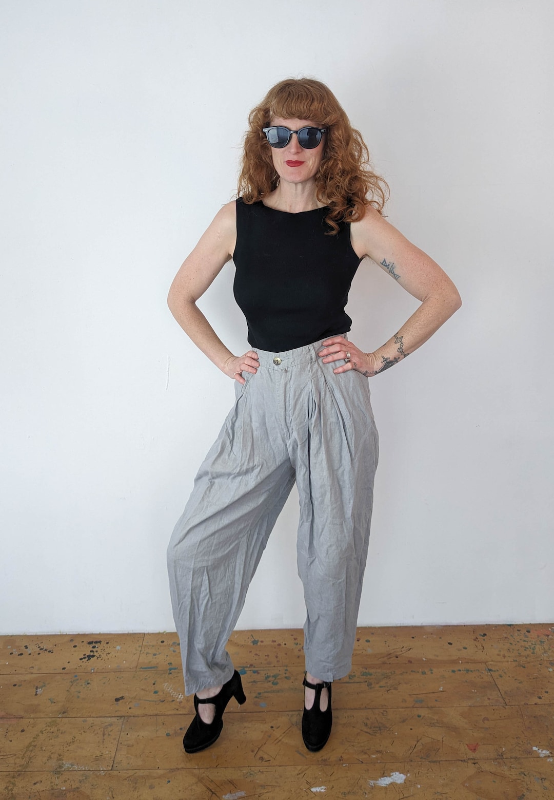 80s Vintage Parachute Pants / Gray Cotton Linen High Waist Matinique 31 ...
