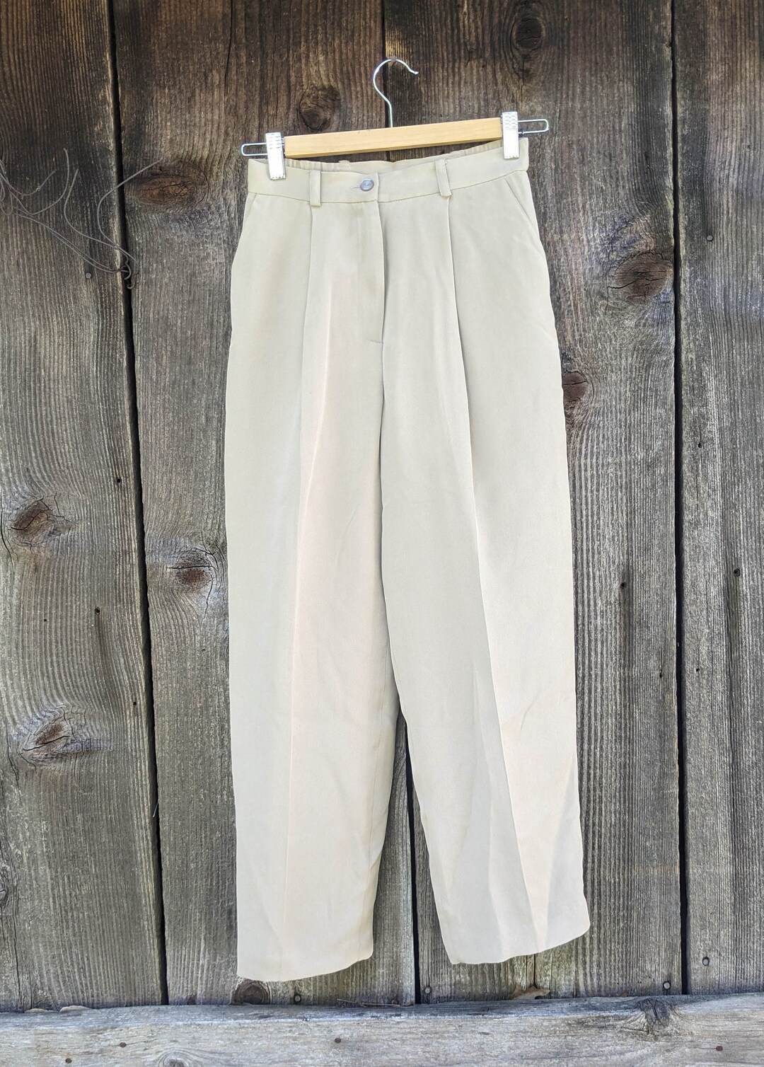 90s Vintage Beige Silk Pants 2 S / High Rise Pleated Elastic Waist ...
