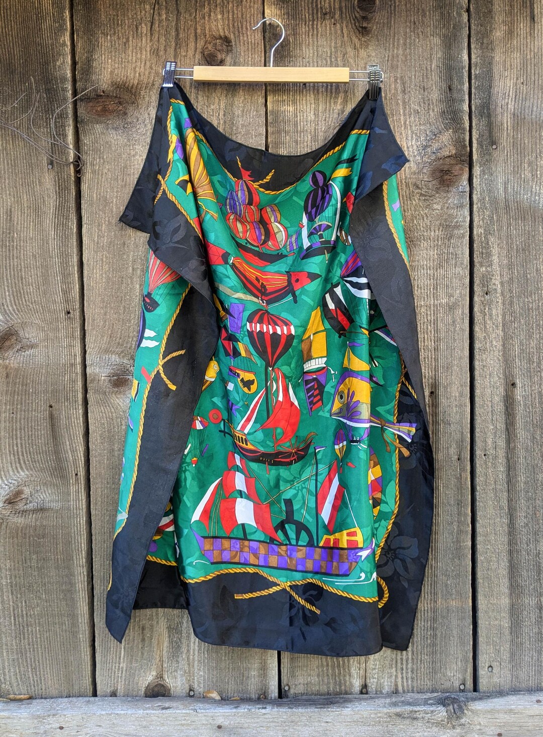 80s Vintage Airship Scarf / Green Black Gold Satin Hot Air Balloon Ship ...
