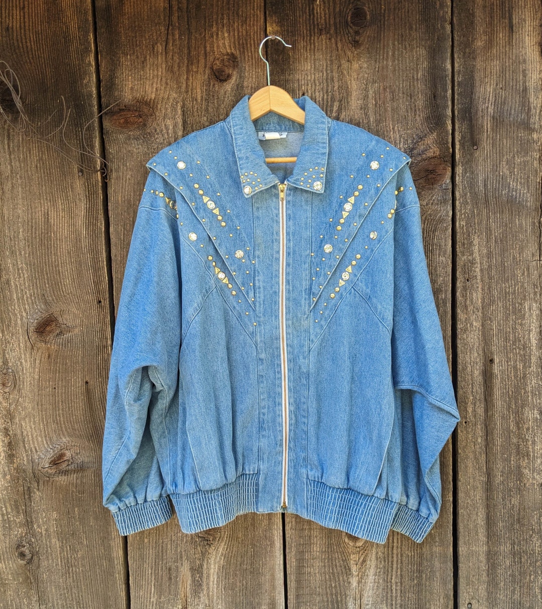 80s Vintage Bedazzled Denim Jacket / Gold Studs Rhinestone Oversize ...