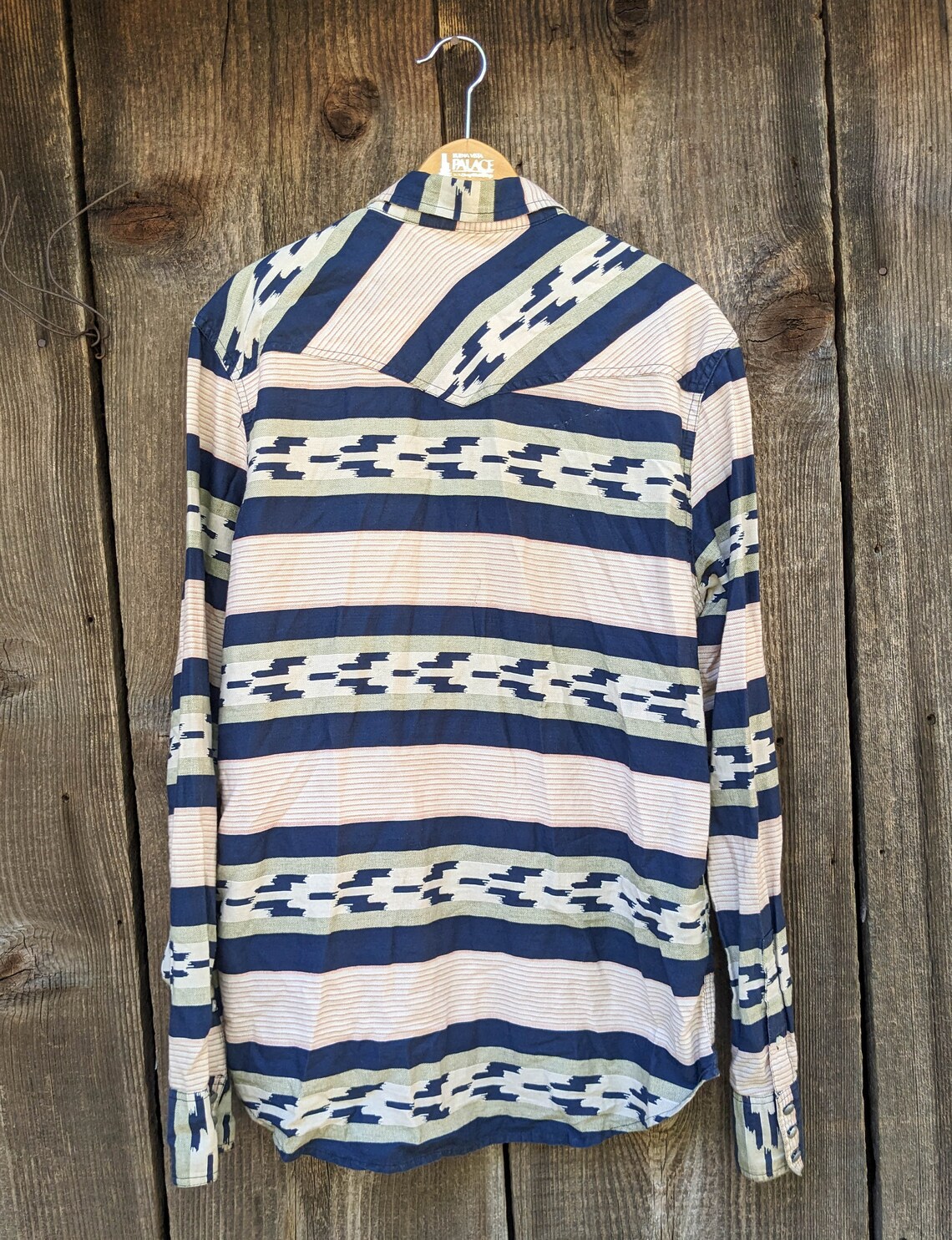 80s Vintage Southwestern Shirt / Blue White Pink Button up Geometric ...