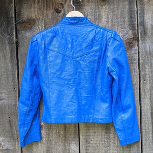 80s Vintage Blue Leather Jacket Cropped Coat / Glam Diva Punk Rocker ...