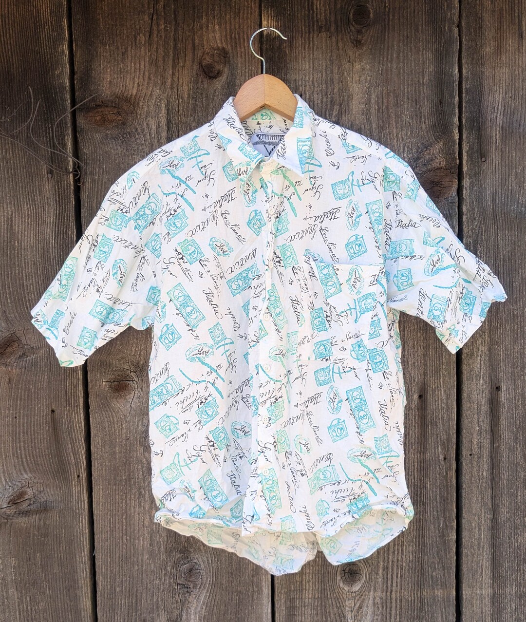 80s Vintage Money Print Italy Travel Button up Shirt / White Green ...