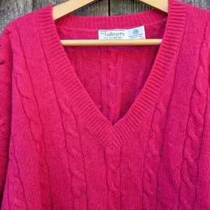 90s Vintage Y2K Hot Pink Cable Knit Sweater / Shetland Wool V Neck Pullover Baggy Oversize ...