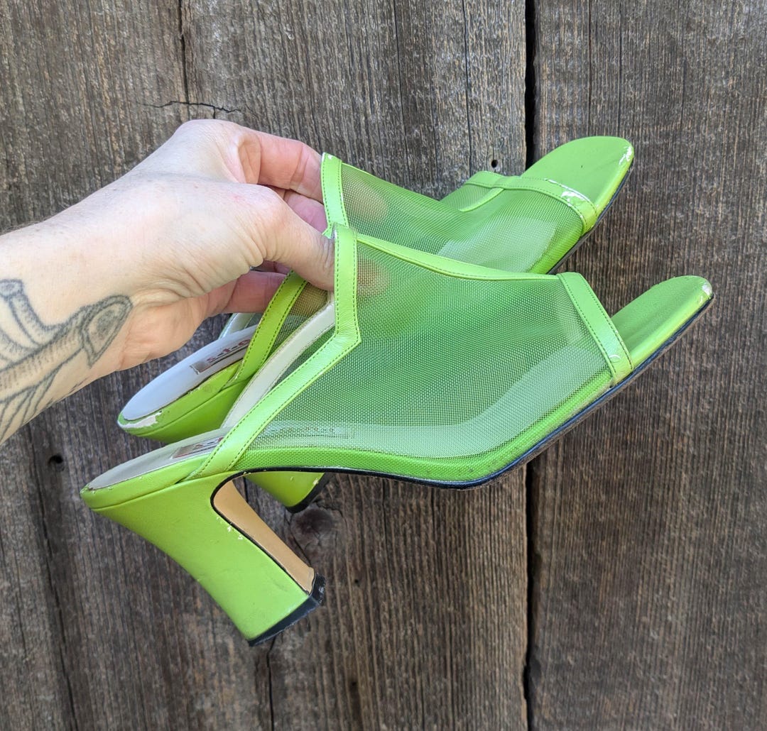 80s Vintage Neon Green Mesh Mules 8 M / Lime Green Leather Slip on ...