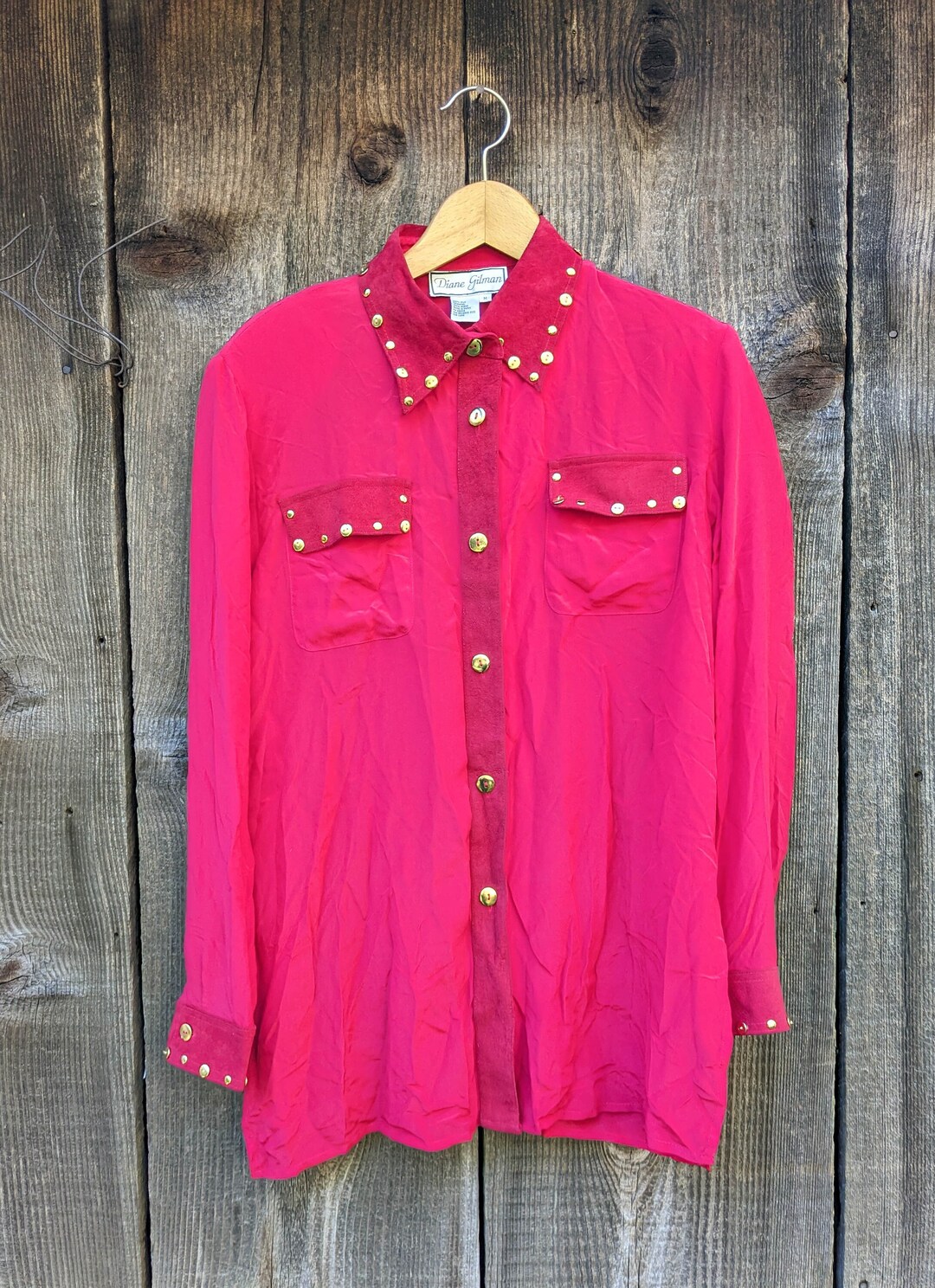 90s Vintage Pink Silk Studded Blouse / Hot Pink Button up Shirt Brass ...