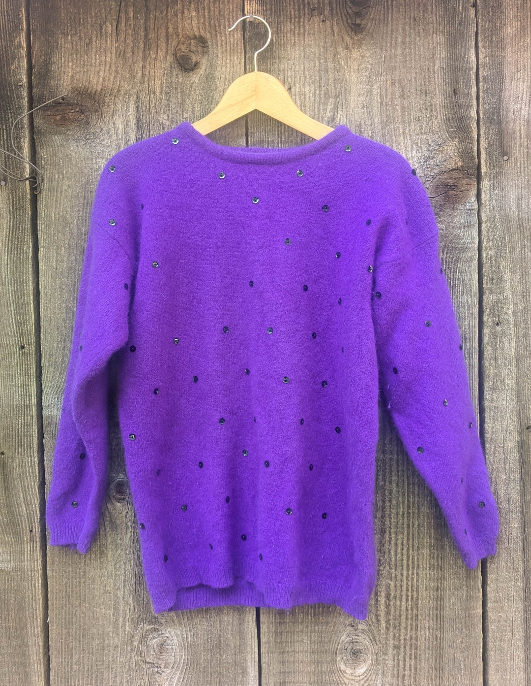80s Vintage Purple Angora Sweater / Sequin Fuzzy Knit Lambswool ...