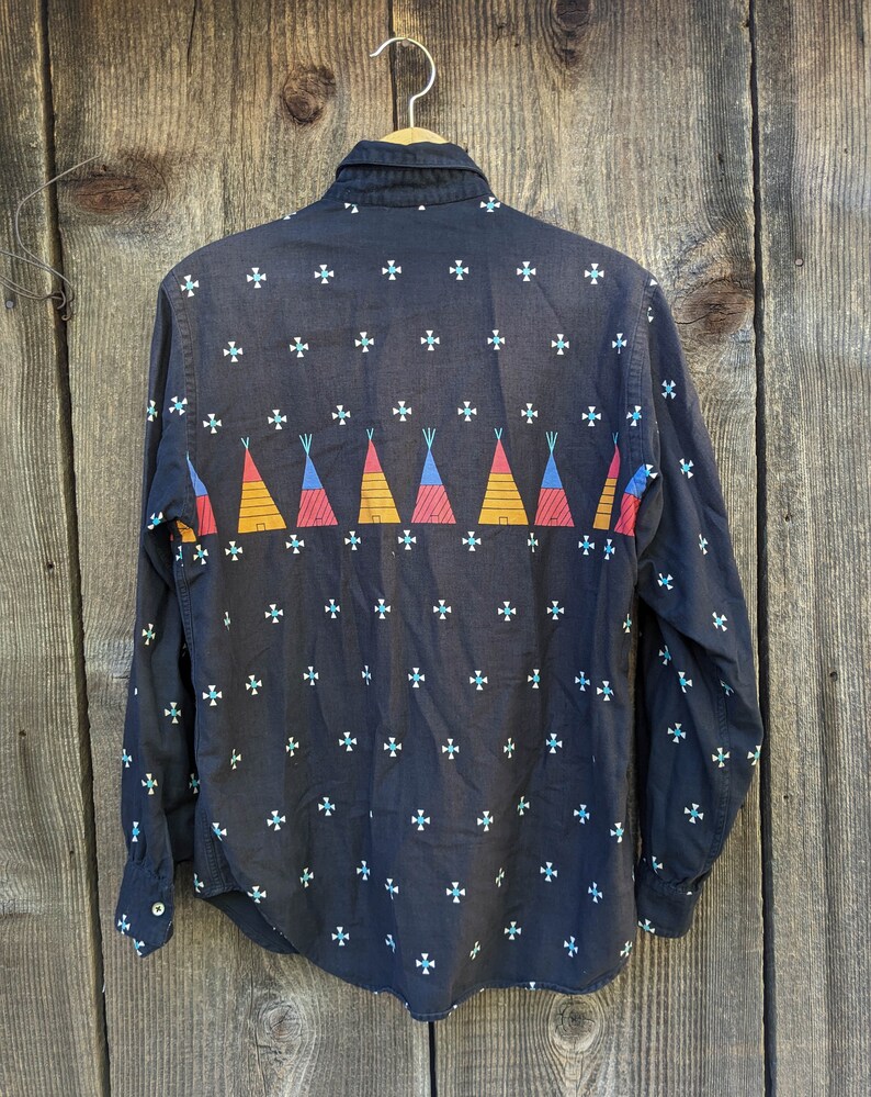 70s Vintage Polka Dot Button up Shirt / Black Rainbow Cotton Teepee ...