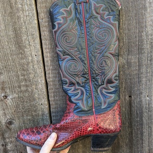70s Vintage Leather Python Cowboy Boots 6 / Justin Black Red Snakeskin ...