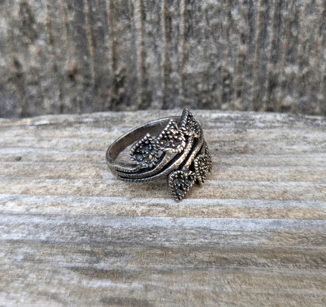 80s Vintage Silver Leaf Ring / Marcasite Pave Set Gem Sparkle / Boho ...
