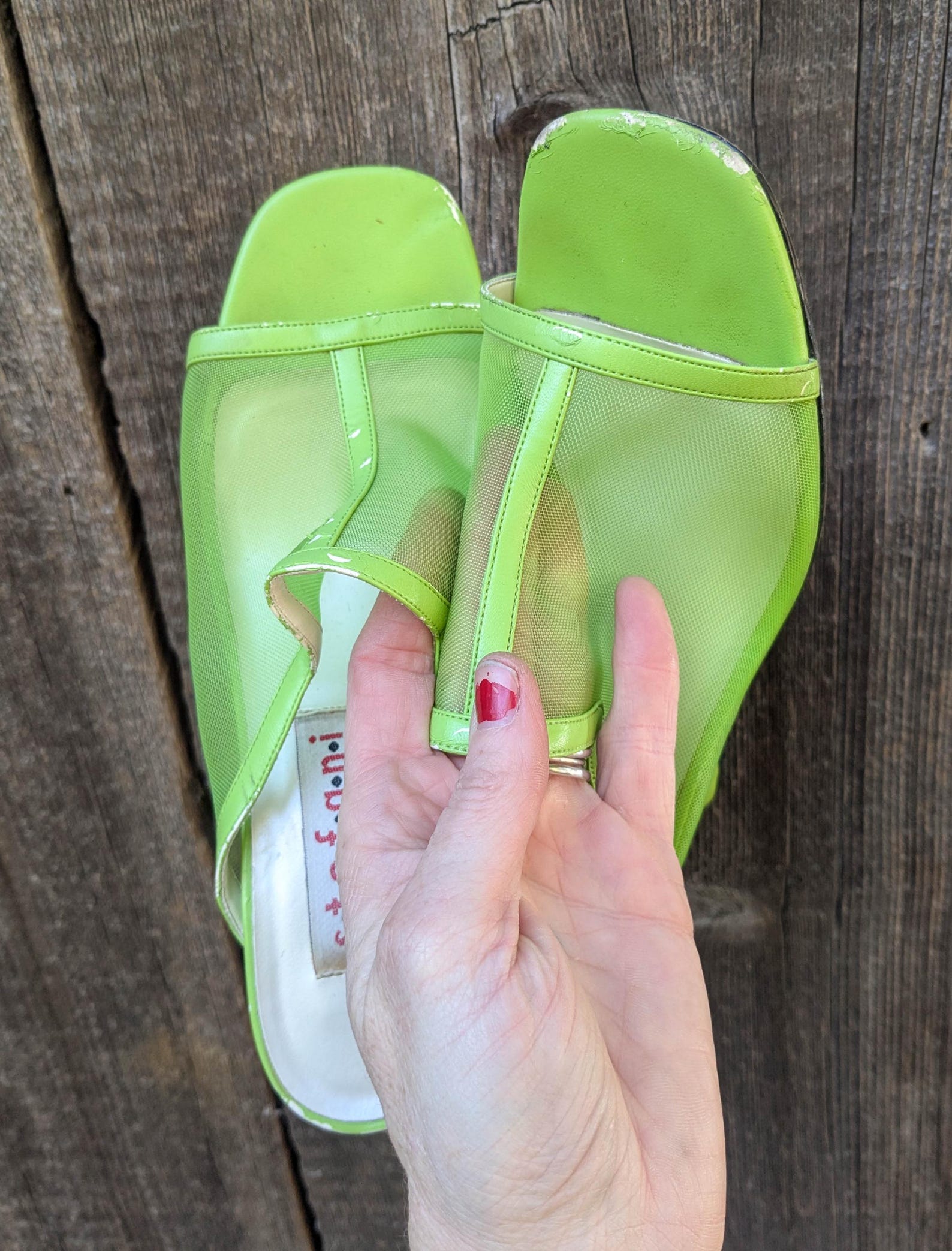 80s Vintage Neon Green Mesh Mules 8 M / Lime Green Leather Slip on ...