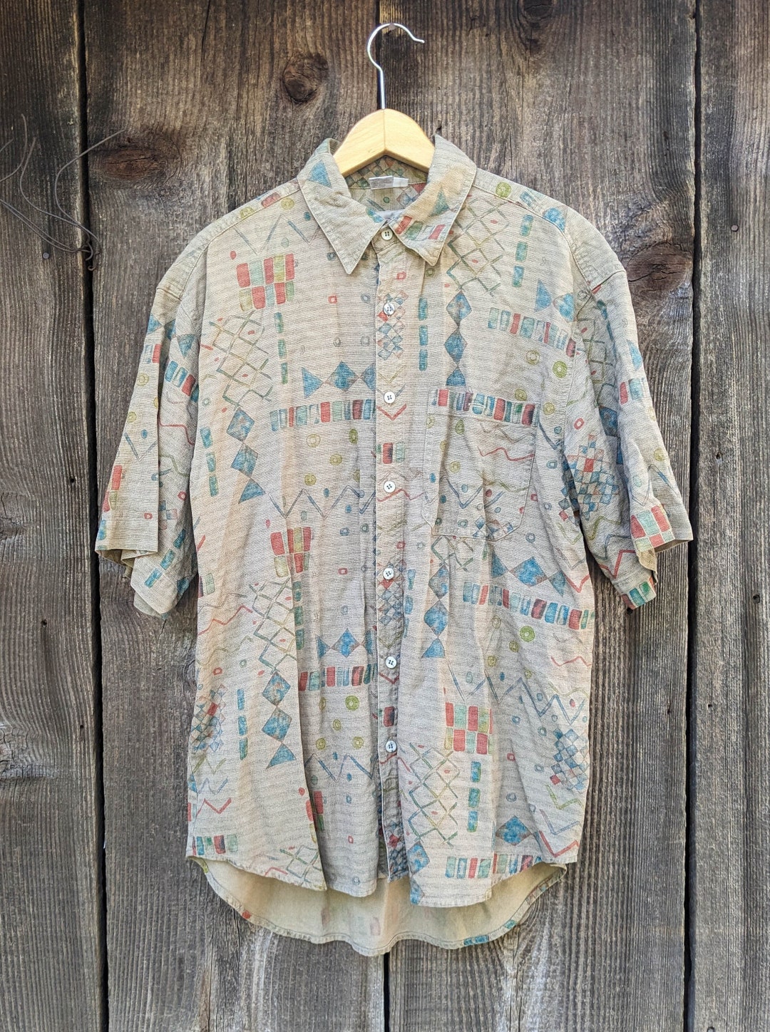 90s Vintage Raw Silk Southwestern Button up Shirt / Southwest Geometric ...