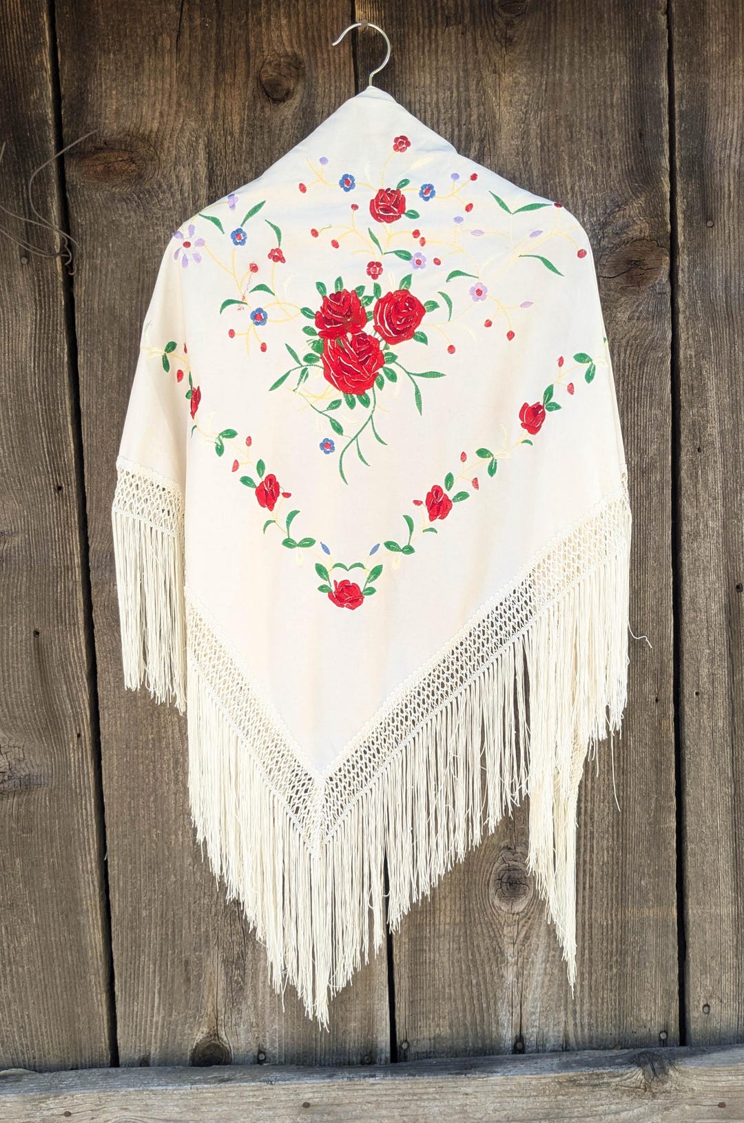 70s Vintage Floral Embroidered Mexico Scarf / Cream Fringe Shawl Wrap ...