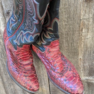 70s Vintage Leather Python Cowboy Boots 6 / Justin Black Red Snakeskin ...