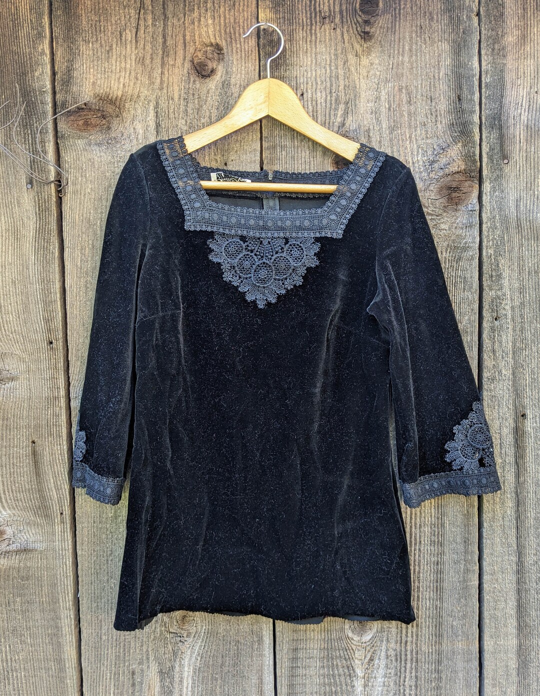 70s Vintage Black Velvet Tunic / Square Crochet Neckline Bell Sleeves ...