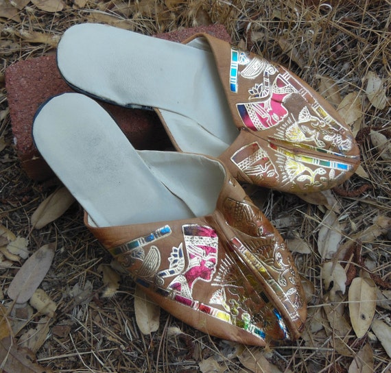80s Vintage Leather Metallic Egypt Slippers House Shoes / - Etsy