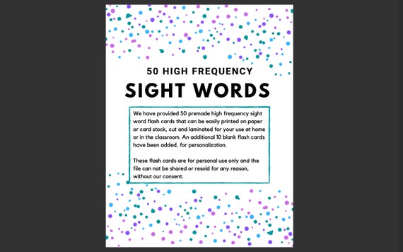50 High Frequency Sight Words Kindergarten Words Quick - Etsy