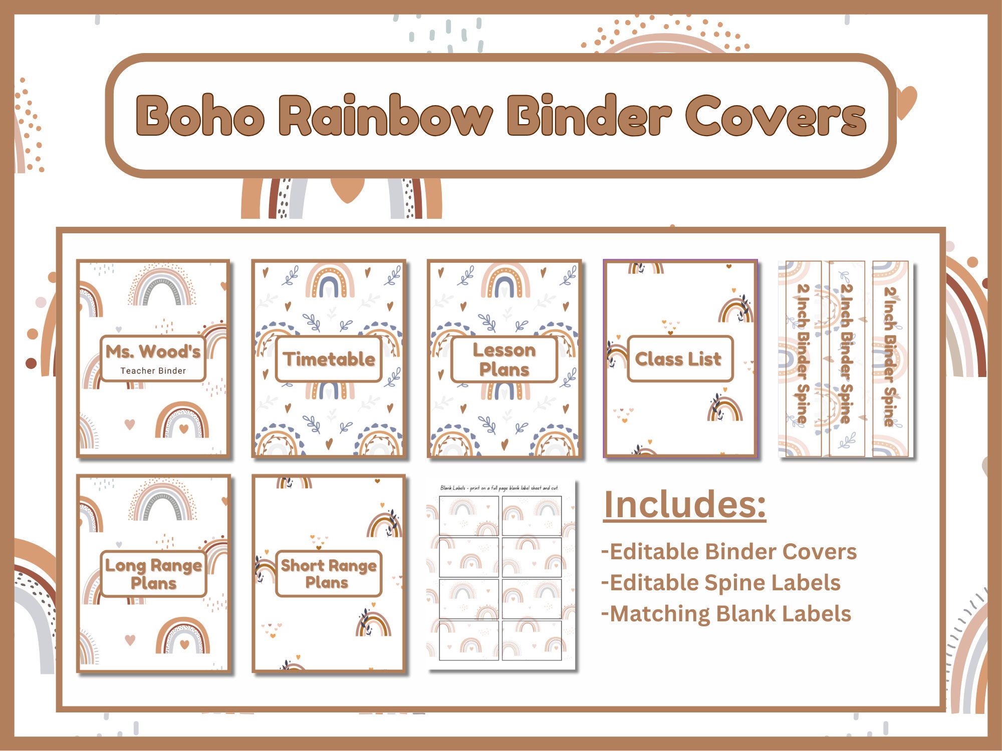 Boho Rainbow Binder Covers, Earthy Classroom, Brown Beige Teacher ...