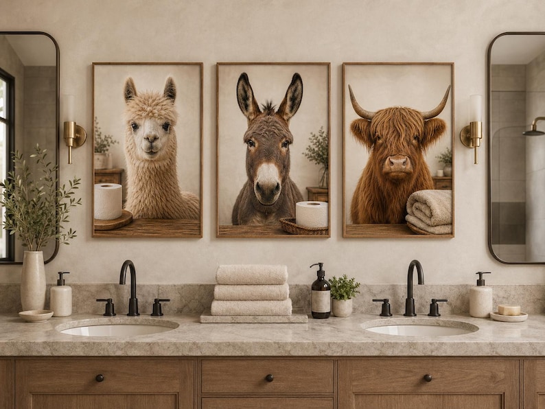Funny Farm Animal Bathroom Wall Art Set of 3, Alpaca Donkey Highland ...