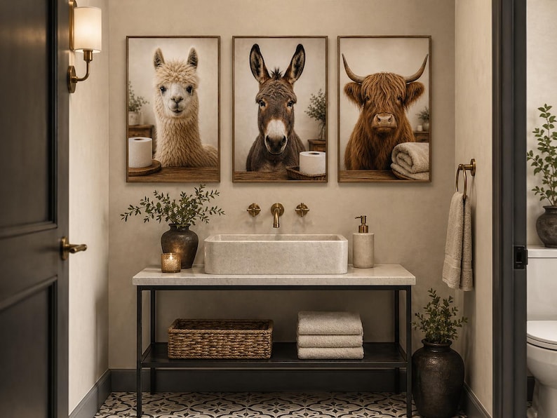 Funny Farm Animal Bathroom Wall Art Set of 3, Alpaca Donkey Highland ...