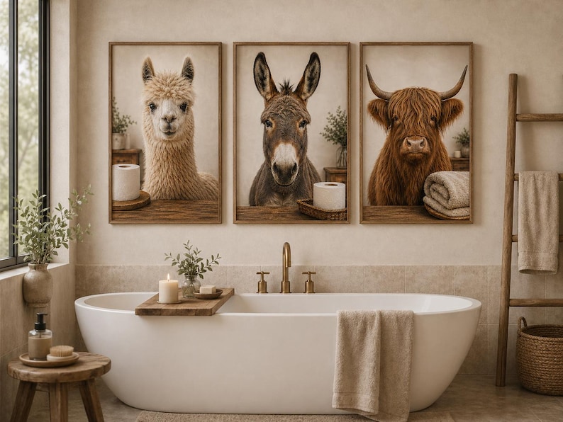 Funny Farm Animal Bathroom Wall Art Set of 3, Alpaca Donkey Highland ...