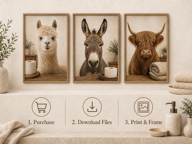 Funny Farm Animal Bathroom Wall Art Set of 3, Alpaca Donkey Highland ...
