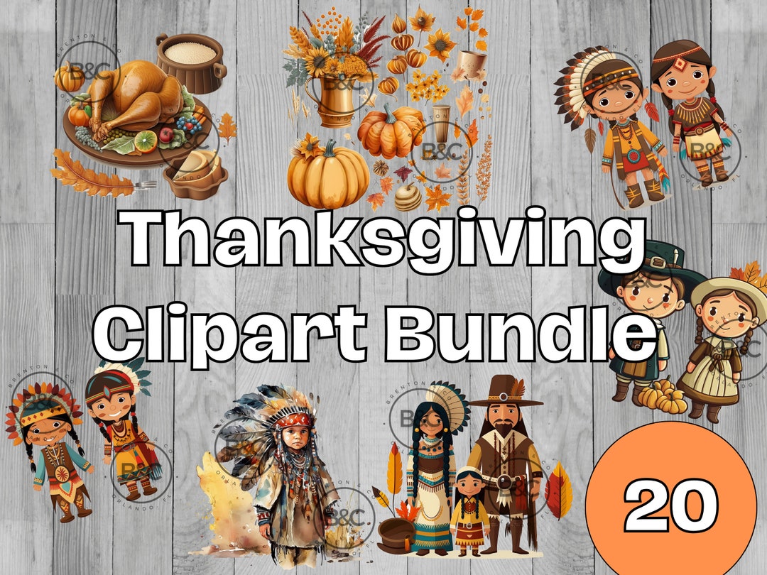 Thanksgiving Clipart: Native American & Pilgrim Kids (20 PNG, 300 Dpi ...