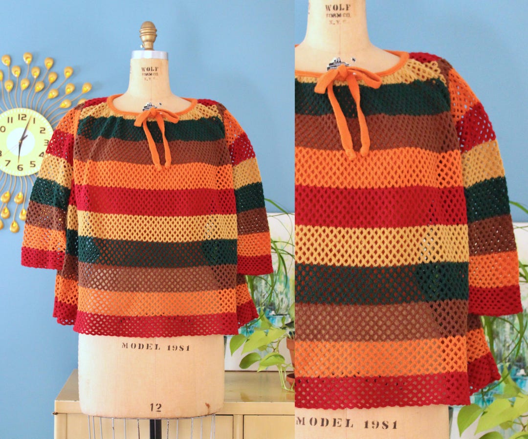 Vintage 1970s Sweater // 70s Striped Open Weave Sweater Top/blouse in ...