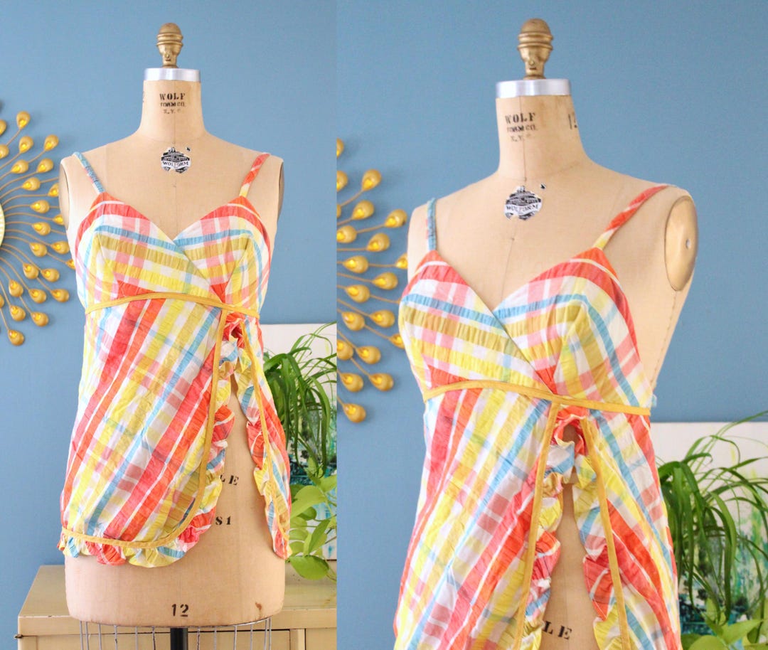 Vintage 1960s Top // 60s Rainbow Plaid Swimsuit or Tank Top With ...