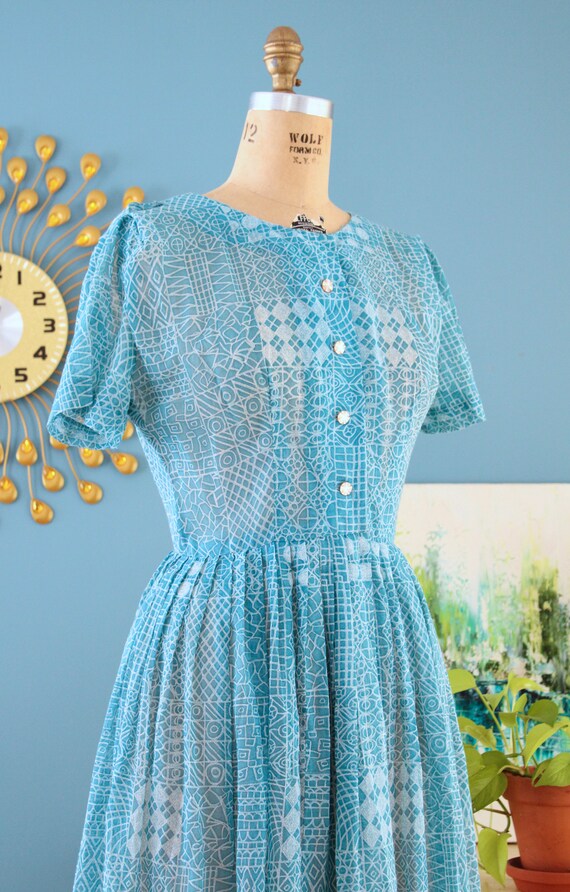 Vintage 1950s/1960s Dress // 50s/60s semi-sheer teal … - Gem
